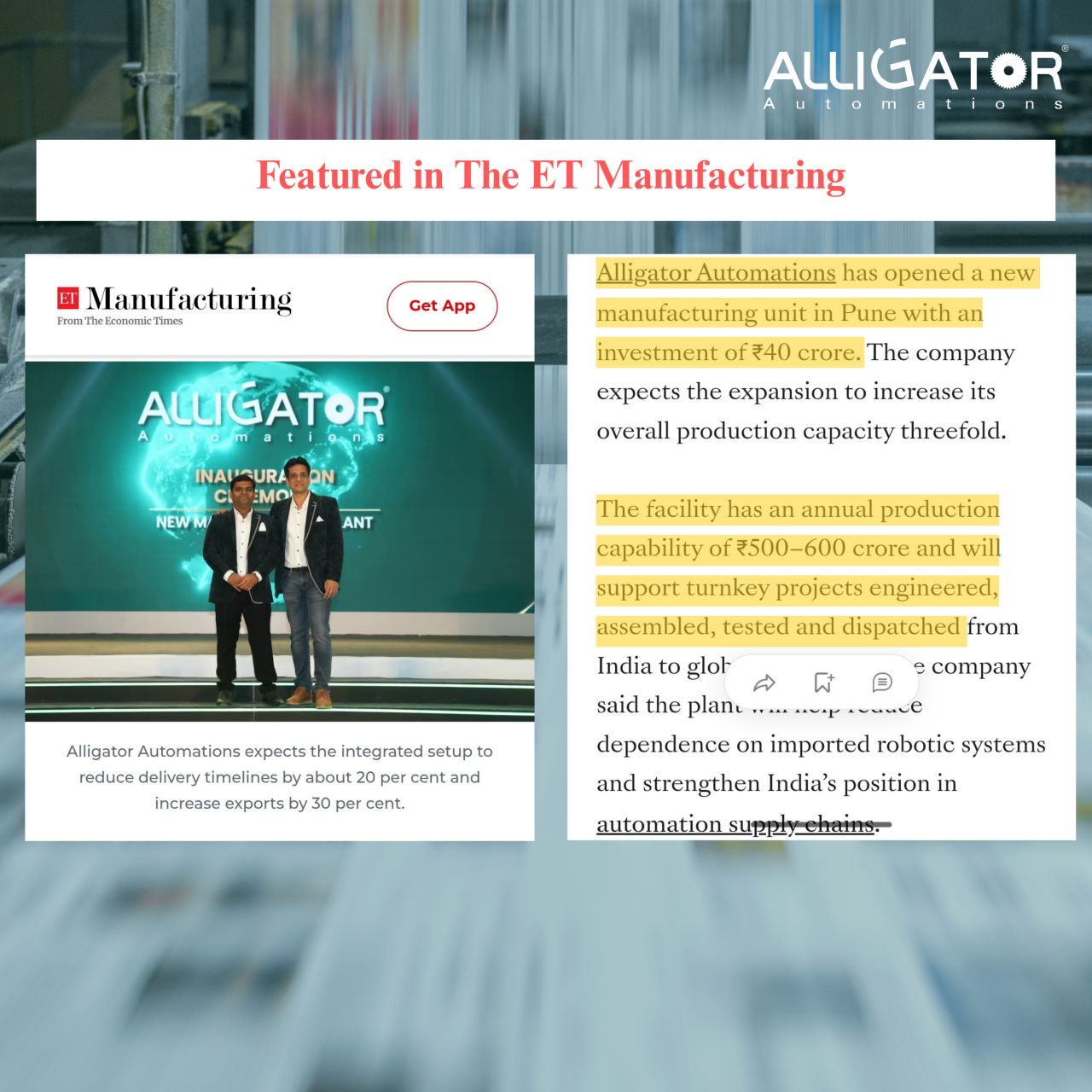 Alligator Automations Featured In ET Manufacturing